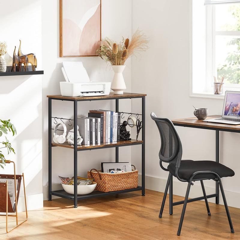 VASAGLE Bakers Rack, Kitchen Shelf, Kitchen Island, Microwave Oven Stand with 3 Open Shelves, 6 Hooks, Metal Frame, 15.7 x 31.5 x 35.4 Inches, Industrial, Rustic Brown and Black UKKI002B01