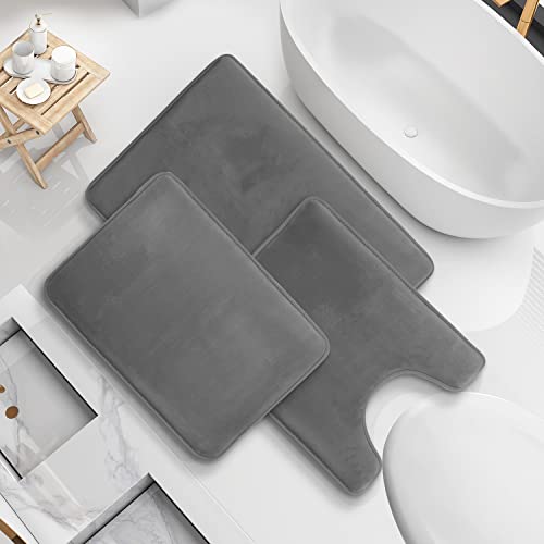Clara Clark Bathroom Rugs Sets 3 Piece, Velvet Memory Foam Bath Mat - Non-Slip, Machine Washable Bath Rugs - Dries Quickly, Ultra Soft Bath Mats for Bathroom, Grey Bathroom Rug Set
