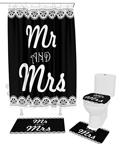 MUSEDAY 4 Pcs Shower Curtain Set Wedding Bathroom Decor Sets with Non-Slip Rugs, Toilet Lid Cover & Bath Mat Waterproof Curtains for Bathroom, Lace Pattern with Words Mr and Mrs