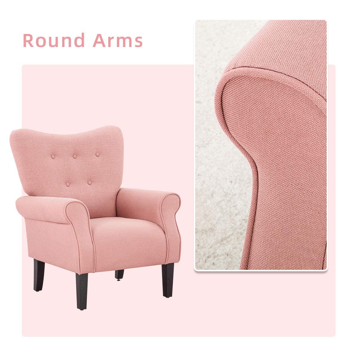 YOLENY Modern Accent Chair,High Back Armchair,Upholstered Fabric Button Single Sofa with Wooden Legs for Living Room,Bedroom,Club,Light Pink