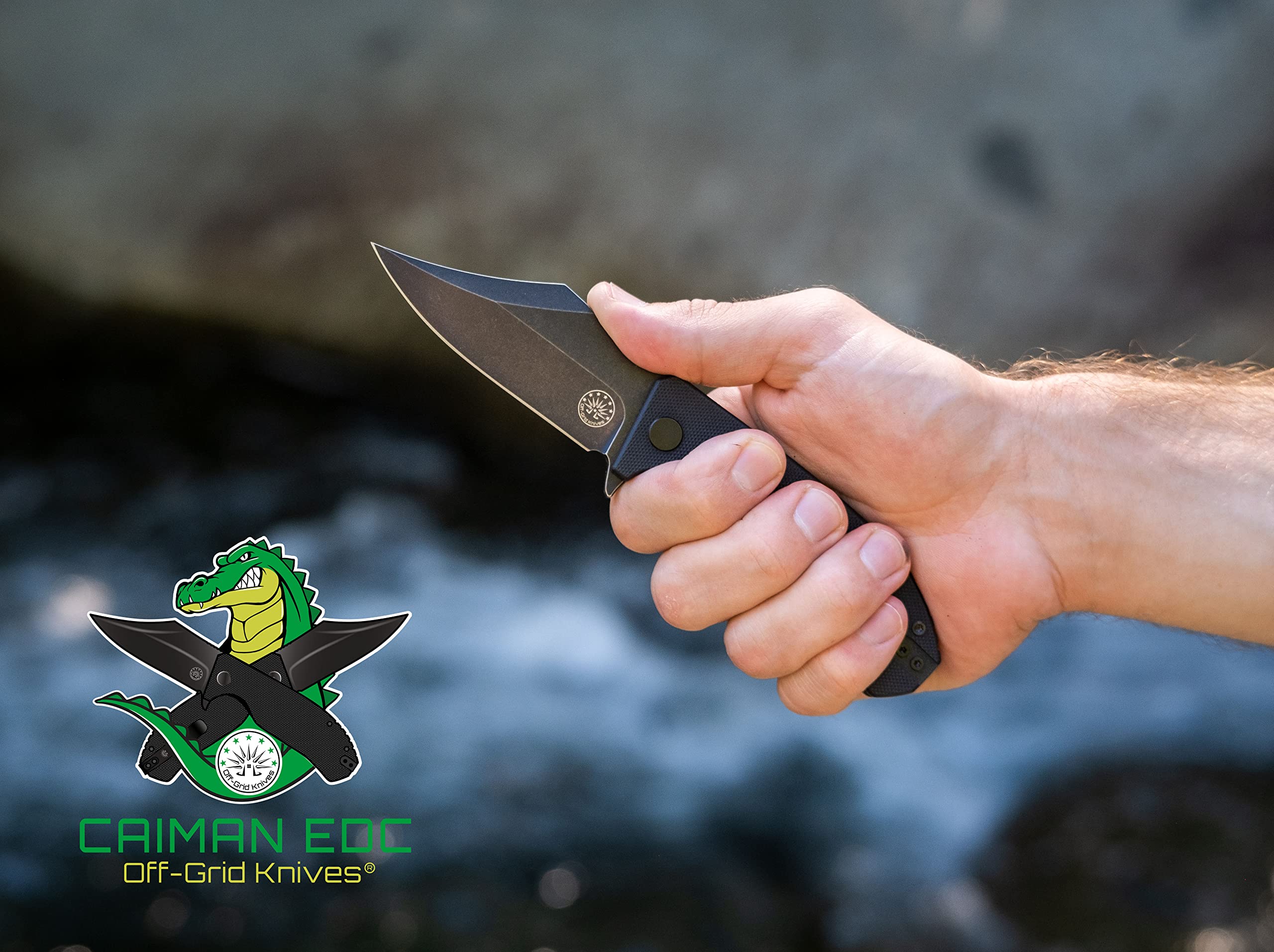 Off-Grid Knives - Caiman EDC, D2 Bowie Blade Folding Knife w/ G10 Scales, Bearings, Deep Clip, Left or Right Hand Carry