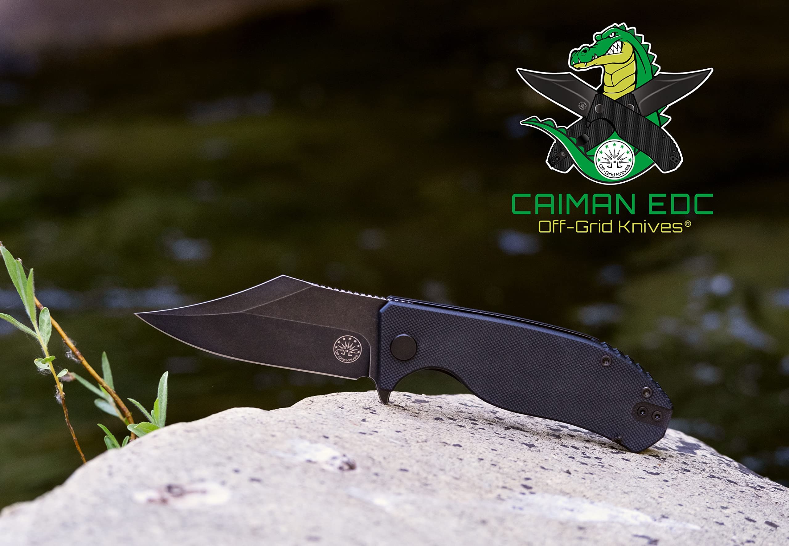 Off-Grid Knives - Caiman EDC, D2 Bowie Blade Folding Knife w/ G10 Scales, Bearings, Deep Clip, Left or Right Hand Carry