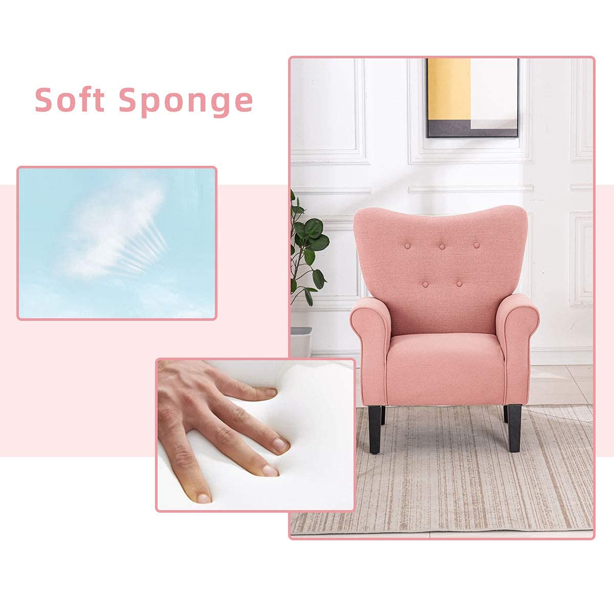 YOLENY Modern Accent Chair,High Back Armchair,Upholstered Fabric Button Single Sofa with Wooden Legs for Living Room,Bedroom,Club,Light Pink