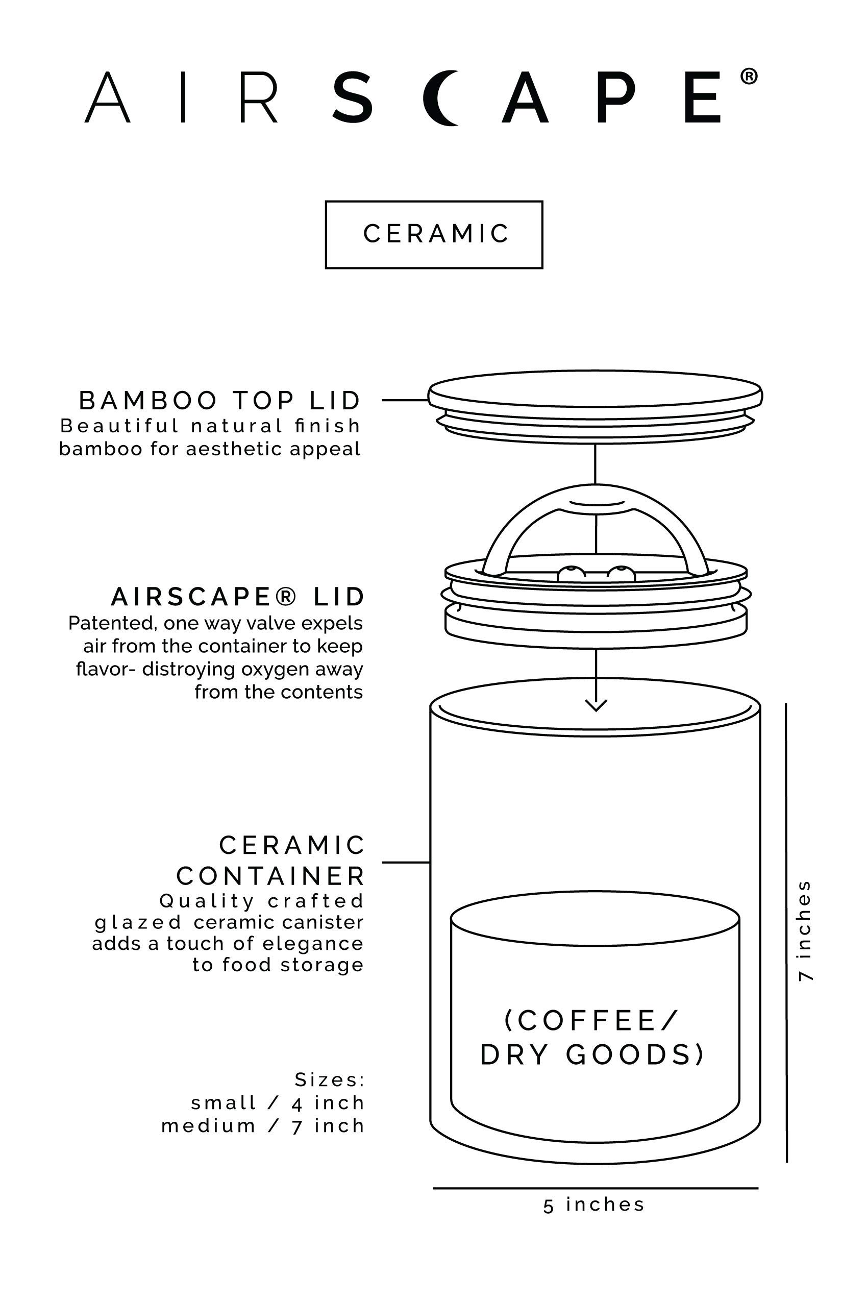 AirScape Ceramic Coffee and Food Storage Canister | Patented Airless Inner Lid with Two Way Valve Preserves Food Freshness - Glazed Ceramic with Bamboo Top (Desert Red Rock, Small)