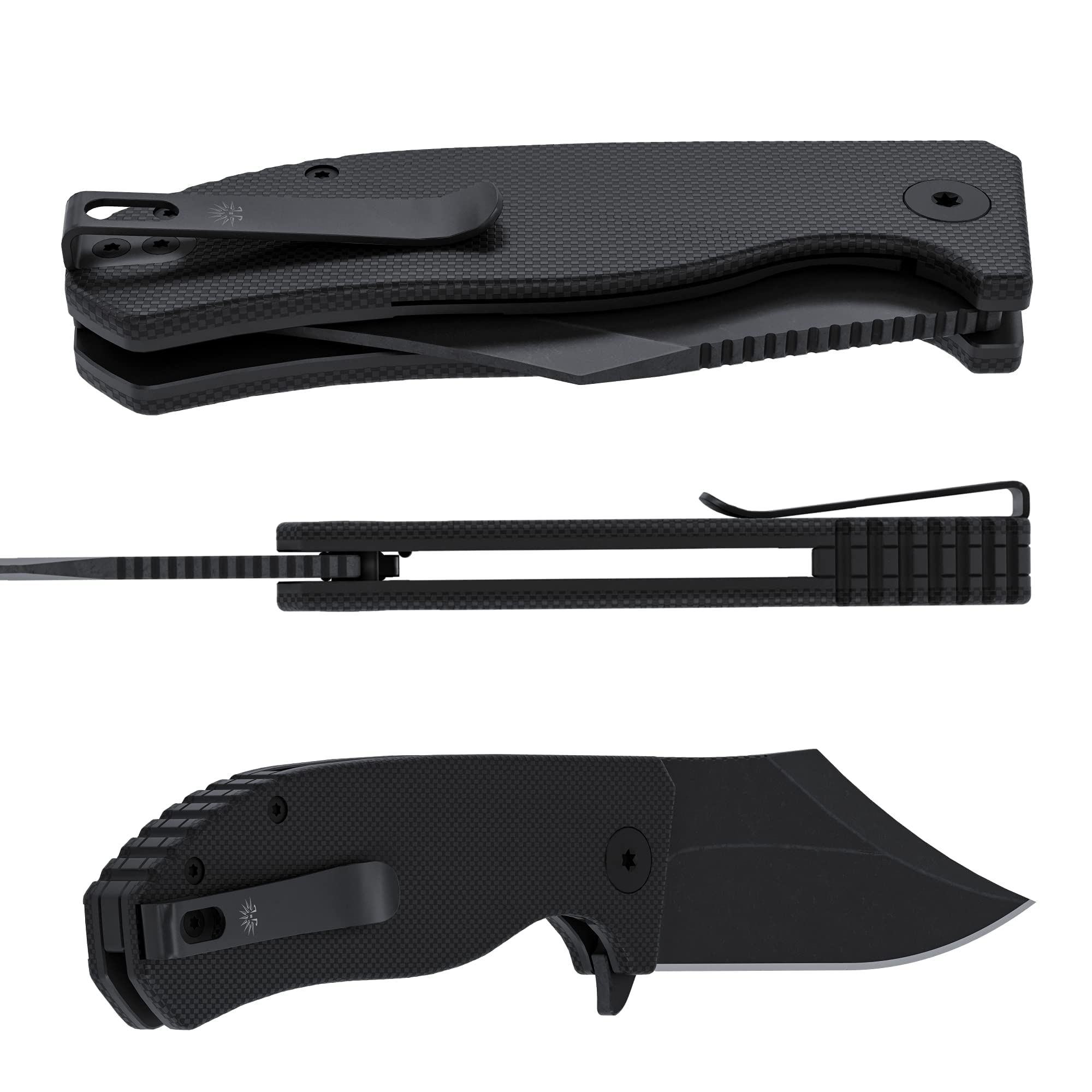 Off-Grid Knives - Caiman EDC, D2 Bowie Blade Folding Knife w/ G10 Scales, Bearings, Deep Clip, Left or Right Hand Carry