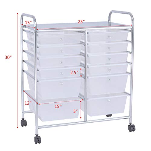 WELLFOR 12 Drawer Rolling Storage Cart Mobile Rolling Storage with Tray Cart for Office School Home Craft Organizer Bins (White)