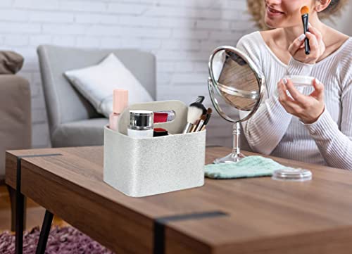 HofferRuffer Faux Leather Basket Tote Bin Caddy, Remote Control Holder, Portable Skincare Makeup Storage Organizer Caddy Tote with Handle, 7.3 x 5.5 x 6.7 inches (Silver)