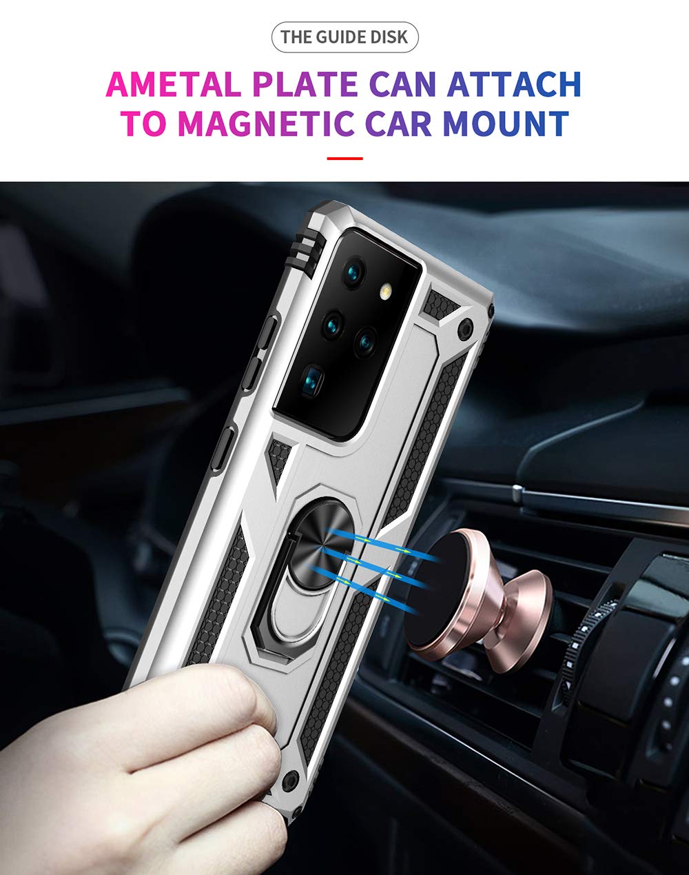 Military Grade Drop Impact for Samsung Galaxy S21 Ultra Case Galaxy S21 Ultra 5G Case Metal Rotating Ring Kickstand Holder Armor Heavy Duty Shockproof Case Galaxy S21 Ultra Phone Case (Silver)