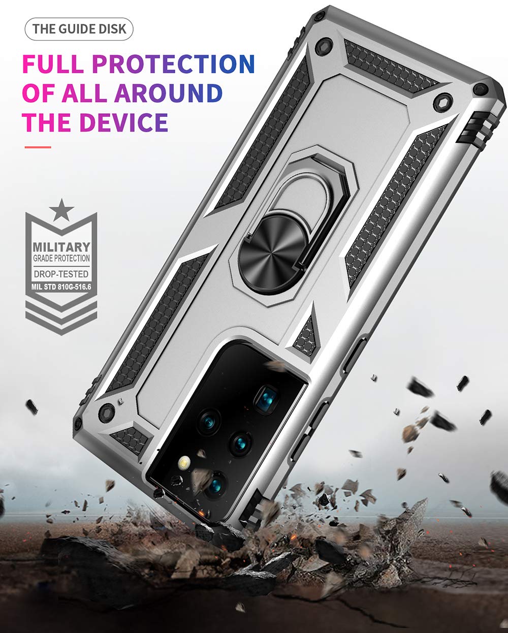 Military Grade Drop Impact for Samsung Galaxy S21 Ultra Case Galaxy S21 Ultra 5G Case Metal Rotating Ring Kickstand Holder Armor Heavy Duty Shockproof Case Galaxy S21 Ultra Phone Case (Silver)