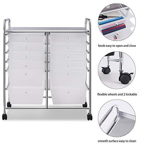 WELLFOR 12 Drawer Rolling Storage Cart Mobile Rolling Storage with Tray Cart for Office School Home Craft Organizer Bins (White)