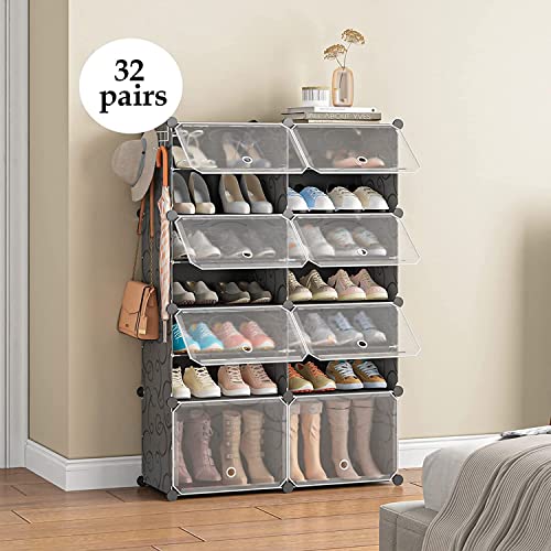 Aeitc 32 Pairs Shoe Rack Organizer Shoe Organizer Expandable Shoe Storage Cabinet Narrow Standing Stackable Space Saver Shoe Rack for Entryway, Hallway and Closet,black