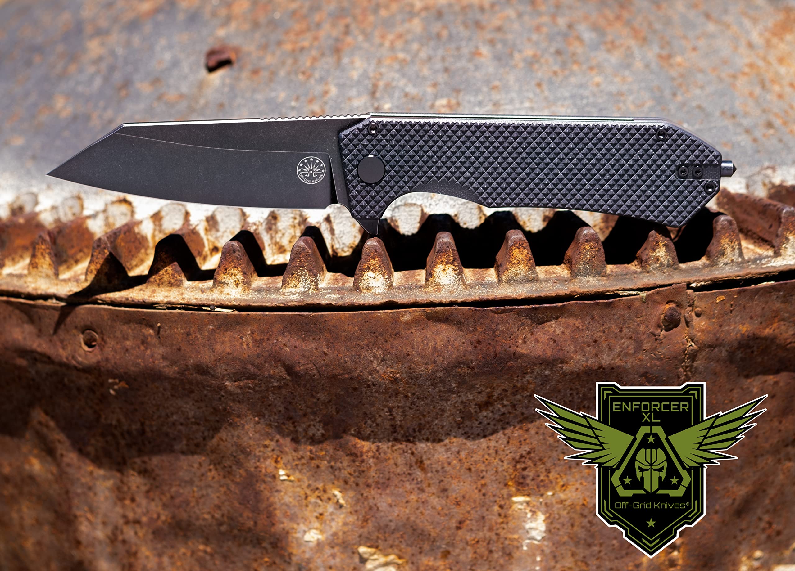Off-Grid Knives - Enforcer XL Folding Knife w. 154CM Blade Steel, Tungsten Carbide Tip, Ceramic Bearings, Grippy G10, Oversized Handle, Deep Pocket Carry, Left & Right Hand