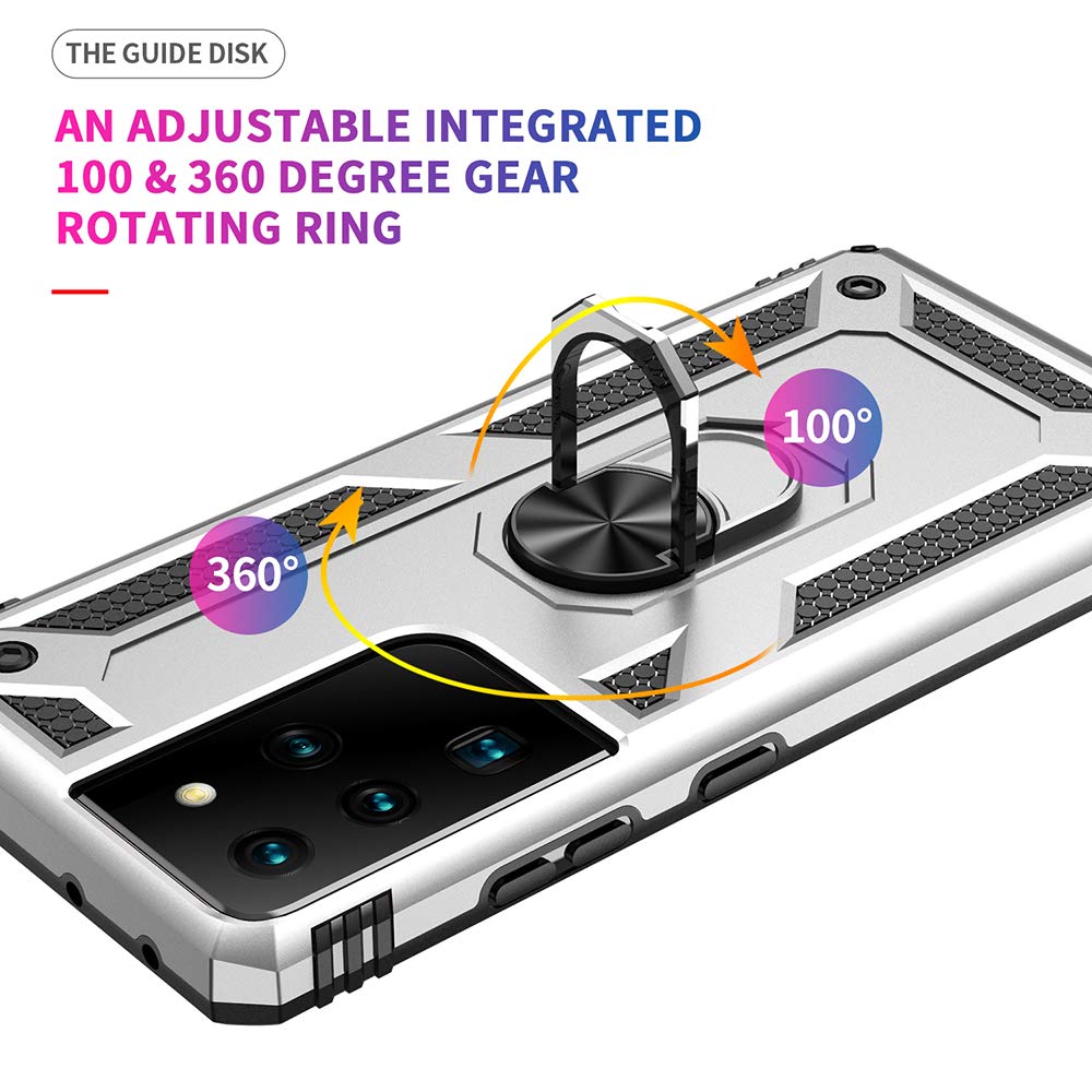 Military Grade Drop Impact for Samsung Galaxy S21 Ultra Case Galaxy S21 Ultra 5G Case Metal Rotating Ring Kickstand Holder Armor Heavy Duty Shockproof Case Galaxy S21 Ultra Phone Case (Silver)