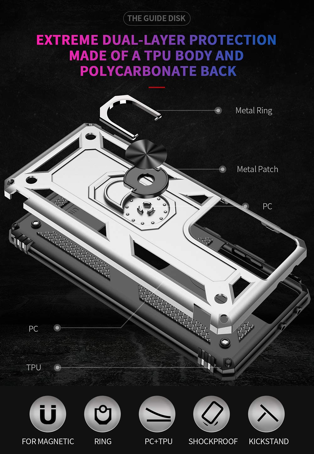 Military Grade Drop Impact for Samsung Galaxy S21 Ultra Case Galaxy S21 Ultra 5G Case Metal Rotating Ring Kickstand Holder Armor Heavy Duty Shockproof Case Galaxy S21 Ultra Phone Case (Silver)