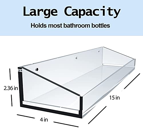 2 Pack Acrylic Bathroom Shelf with Hooks Clear Shower Shelf Wall Mounted No Drilling Thick Clear Storage Transparent Wall Mounted Display Shelving No Drilling Thick Storage Display Shelves15L*4W*2H