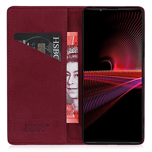 32nd Classic Series 2.0 - Real Leather Book Wallet Case Cover for Sony Xperia 1 III (2021), Real Leather Design with Card Slot, Magnetic Closure and Built in Stand - Burgundy