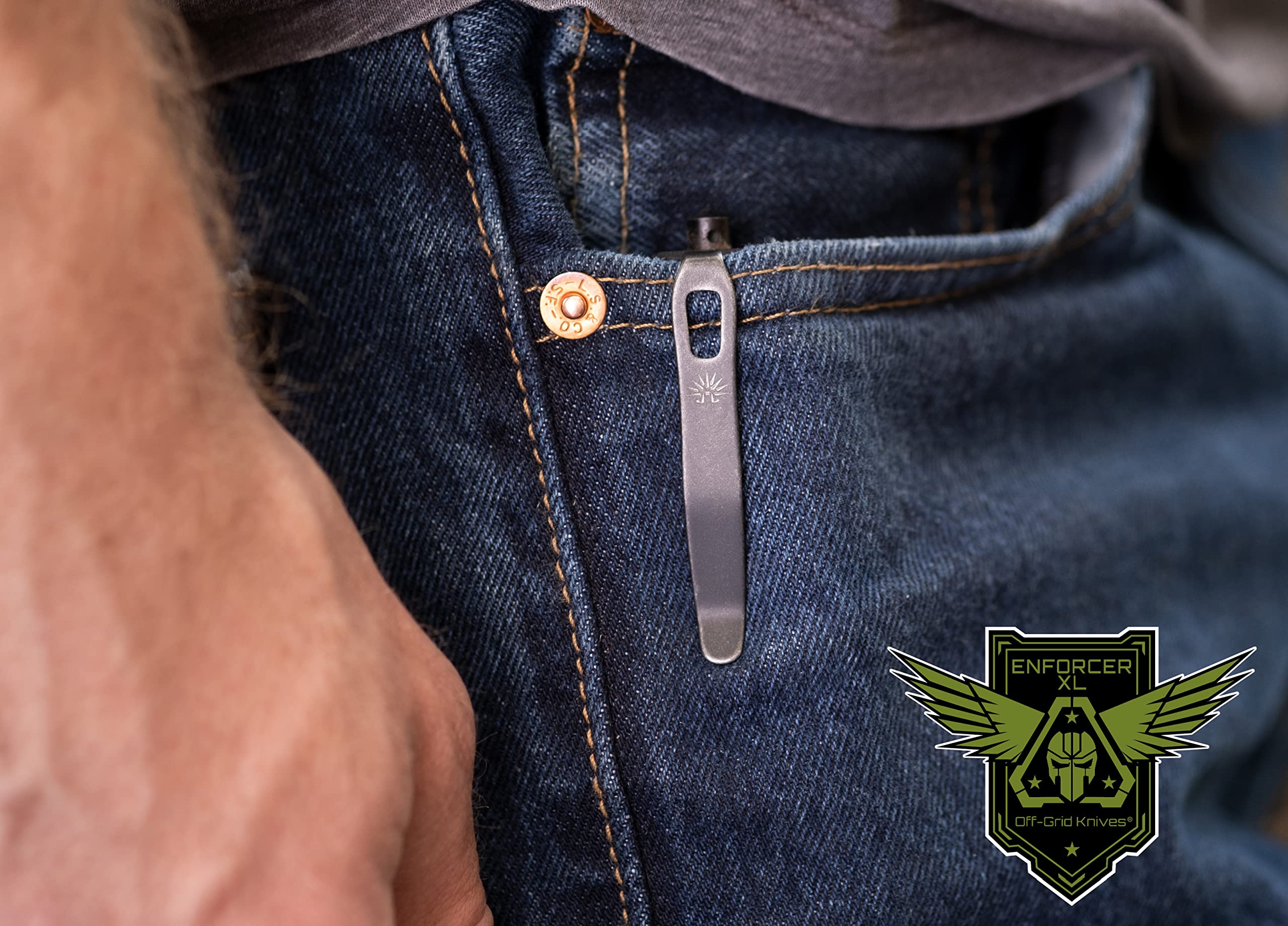 Off-Grid Knives - Enforcer XL Folding Knife w. 154CM Blade Steel, Tungsten Carbide Tip, Ceramic Bearings, Grippy G10, Oversized Handle, Deep Pocket Carry, Left & Right Hand