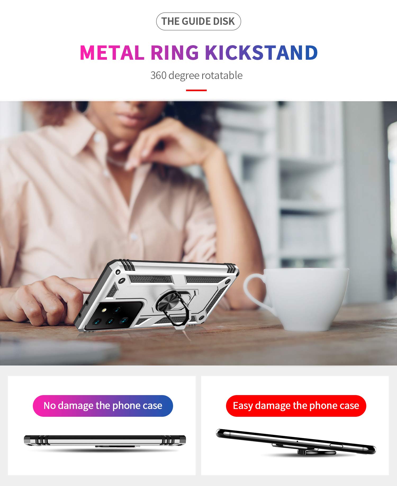 Military Grade Drop Impact for Samsung Galaxy S21 Ultra Case Galaxy S21 Ultra 5G Case Metal Rotating Ring Kickstand Holder Armor Heavy Duty Shockproof Case Galaxy S21 Ultra Phone Case (Silver)