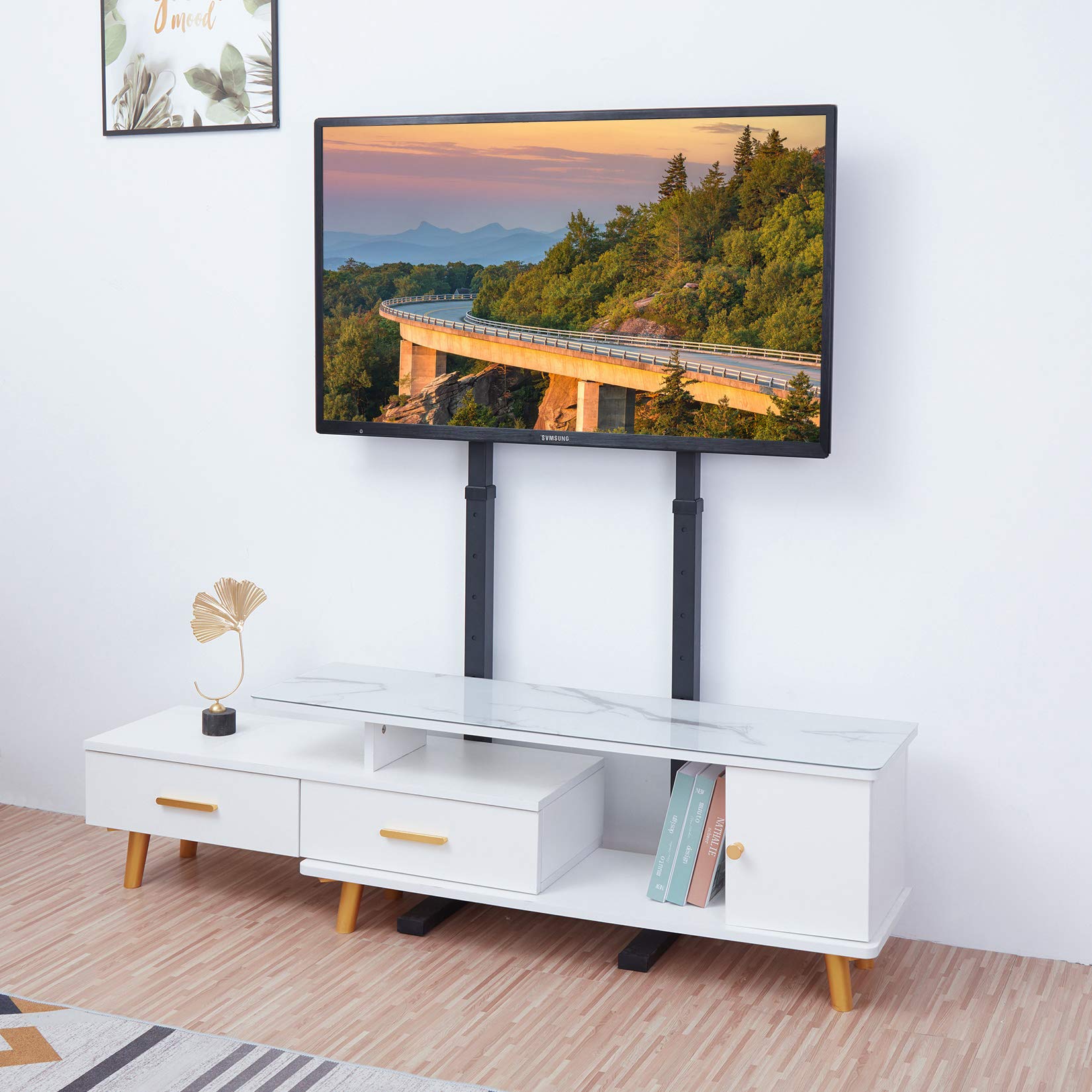 unho Universal Against The Wall TV Stand Floor: Free Standing Mount Stand with Height Adjustable Bracket for TV Bench Compatible with 32-65 inch Flat Panel LED LCD Plasma Screens (Black)