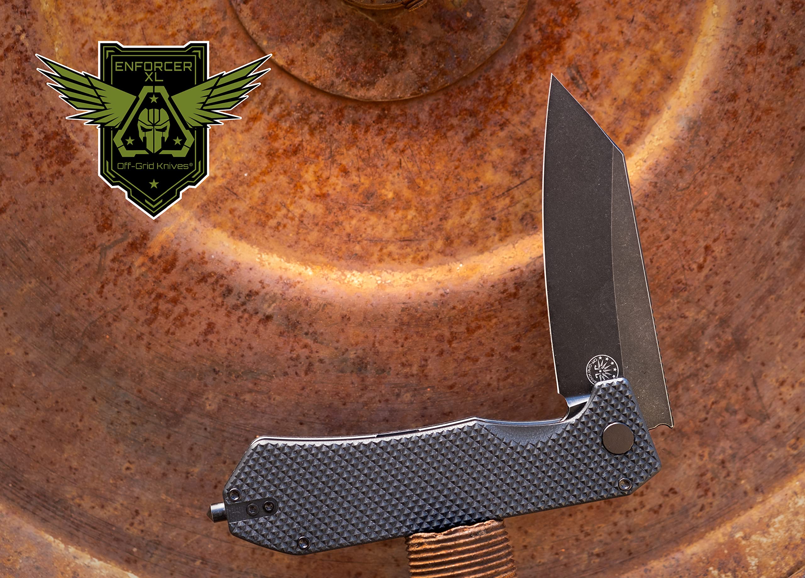 Off-Grid Knives - Enforcer XL Folding Knife w. 154CM Blade Steel, Tungsten Carbide Tip, Ceramic Bearings, Grippy G10, Oversized Handle, Deep Pocket Carry, Left & Right Hand