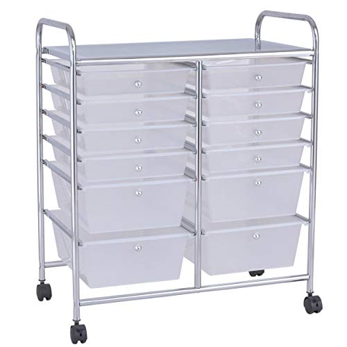 WELLFOR 12 Drawer Rolling Storage Cart Mobile Rolling Storage with Tray Cart for Office School Home Craft Organizer Bins (White)