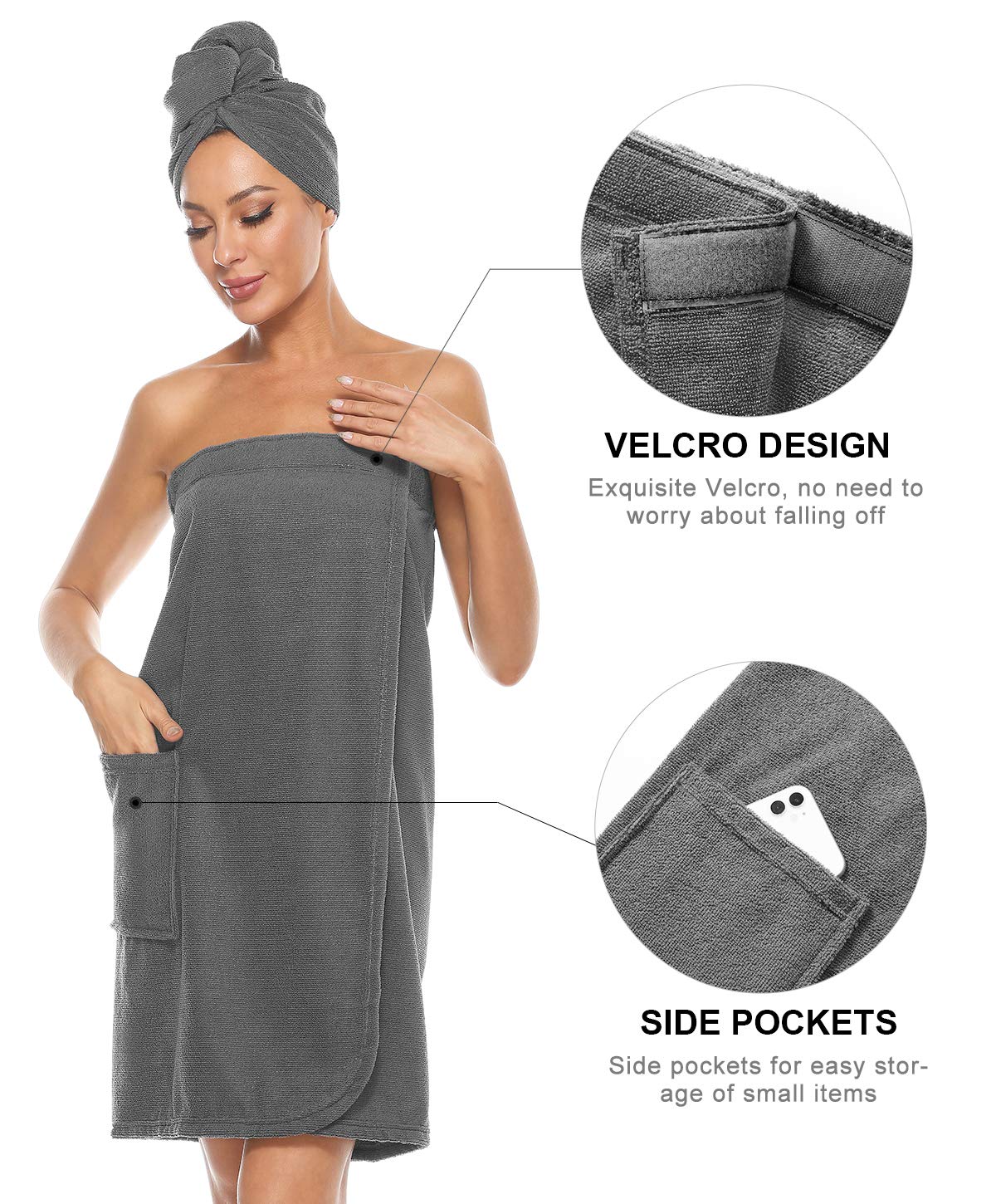Kniffi Womens Wrap Towel Spa Wraps & Hair Towel Body Wrap Adjustable Closure Bathrobe Grey XL
