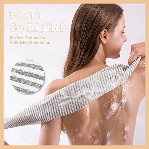myHomeBody Extra Long Exfoliating Washcloth | Exfoliating Body Scrubber | Exfoliating Towel, Japanese Washcloth | Spring Green and Tan Stripes, Set of 2