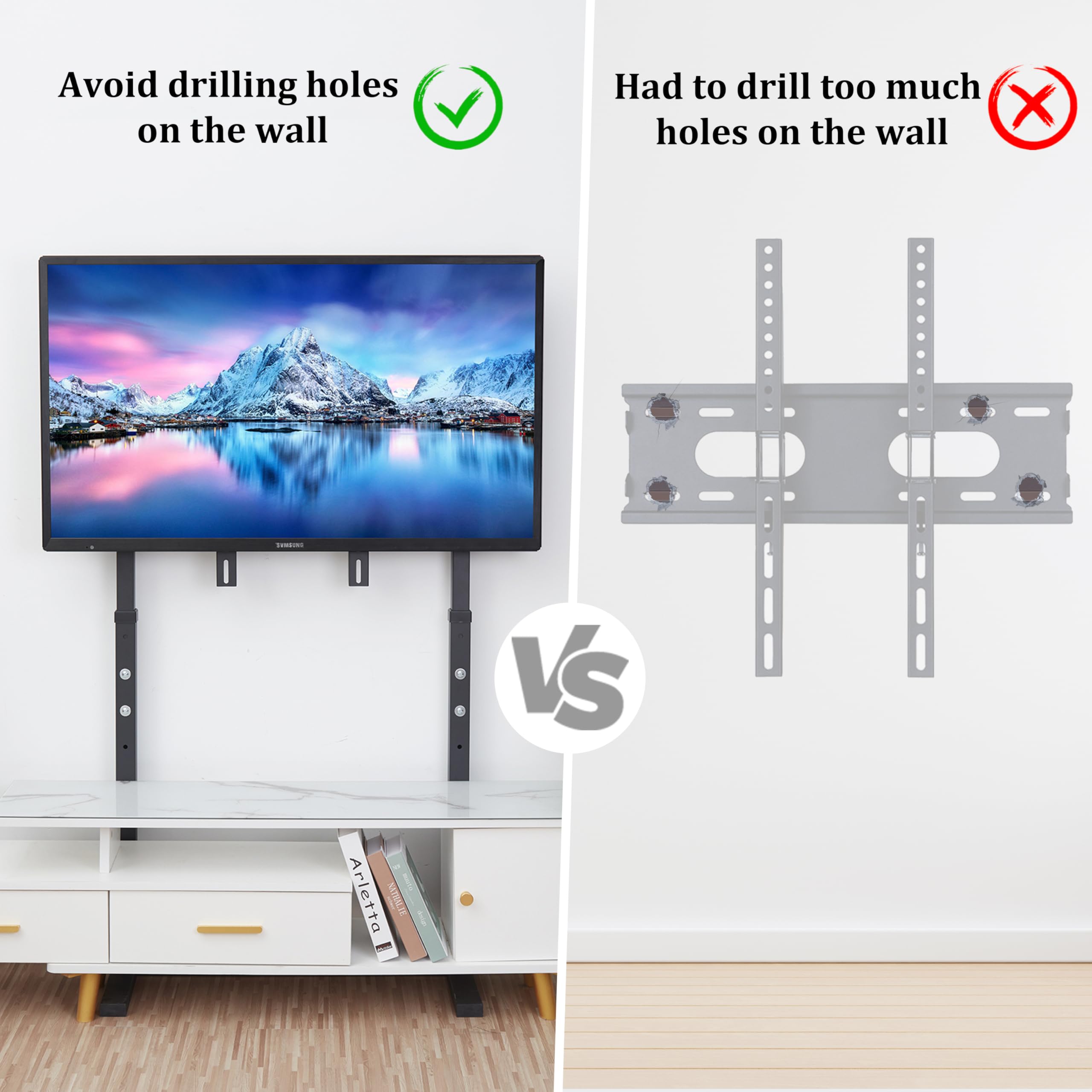 unho Universal Against The Wall TV Stand Floor: Free Standing Mount Stand with Height Adjustable Bracket for TV Bench Compatible with 32-65 inch Flat Panel LED LCD Plasma Screens (Black)