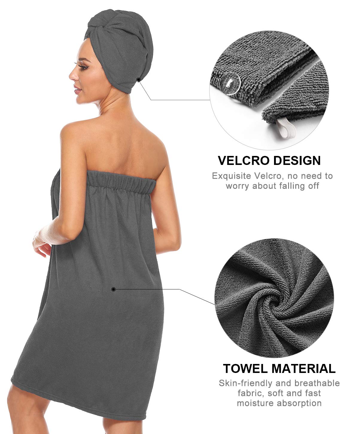Kniffi Womens Wrap Towel Spa Wraps & Hair Towel Body Wrap Adjustable Closure Bathrobe Grey XL