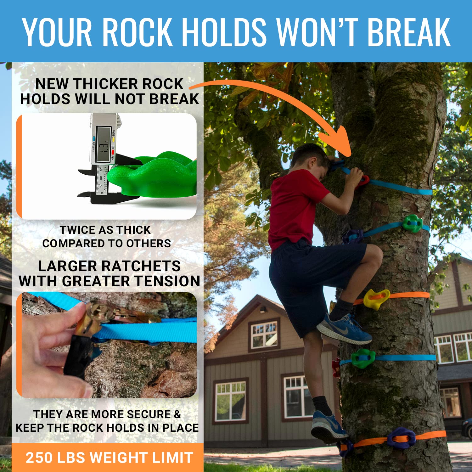 Ninja Tree Climbing Kit β 16 Large Rock Climbing Holds & 8 Ratchets, Quick 10-Minute Setup, Durable, Textured Grips, Safe for Kids 5-12, Supports Up to 250lbs, Portable Carrying Bag, Backyard Fun