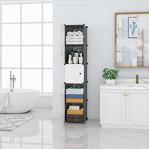 Aeitc Cube Storage Organizer 5-Cube (11.8"x11.8") Narrow Cabinet Closet Storage Shelves Plastic Storage Shelving for Bedroom, Living Room, Office, Black with Doors