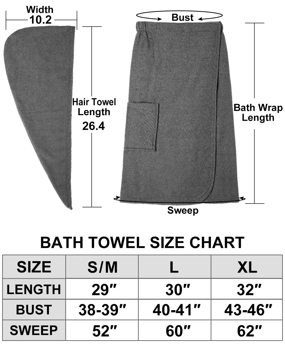 Kniffi Womens Wrap Towel Spa Wraps & Hair Towel Body Wrap Adjustable Closure Bathrobe Grey XL