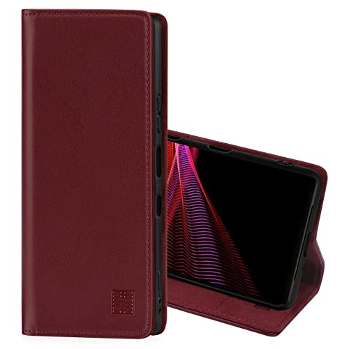 32nd Classic Series 2.0 - Real Leather Book Wallet Case Cover for Sony Xperia 1 III (2021), Real Leather Design with Card Slot, Magnetic Closure and Built in Stand - Burgundy