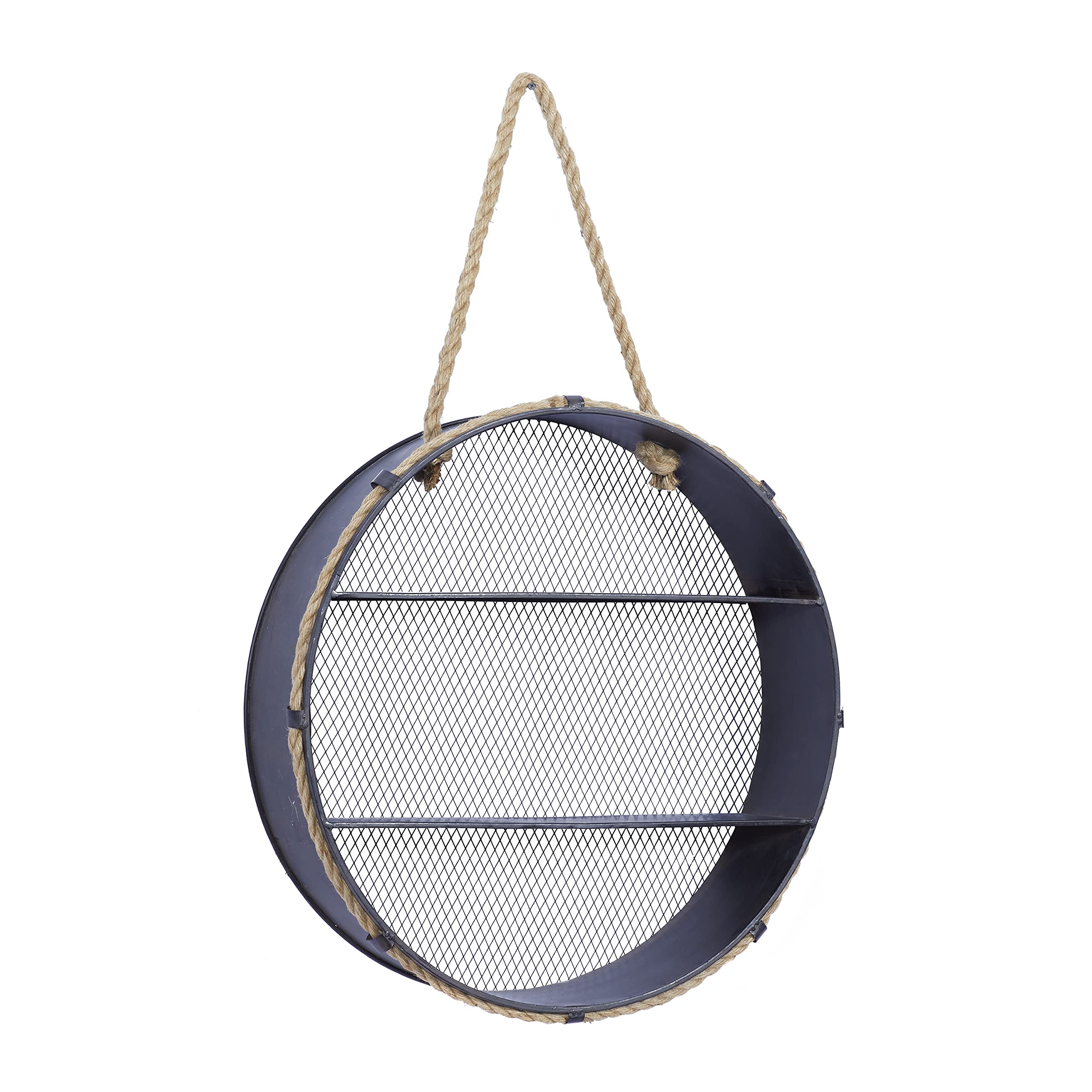 Deco 79 Metal Round 2 Shelves Wall Shelf with Hanging Rope, 24" x 6" x 24", Black