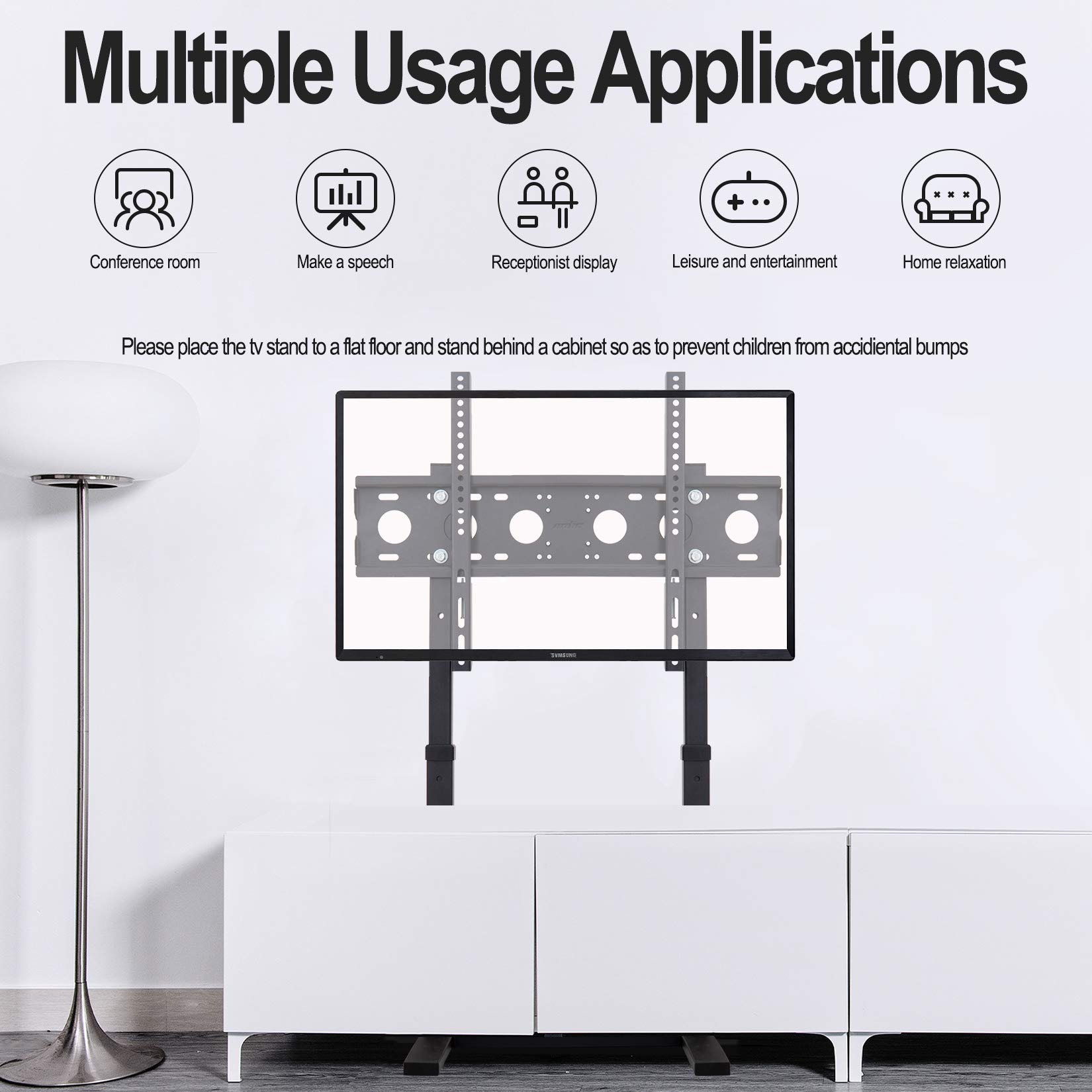 unho Universal Against The Wall TV Stand Floor: Free Standing Mount Stand with Height Adjustable Bracket for TV Bench Compatible with 32-65 inch Flat Panel LED LCD Plasma Screens (Black)