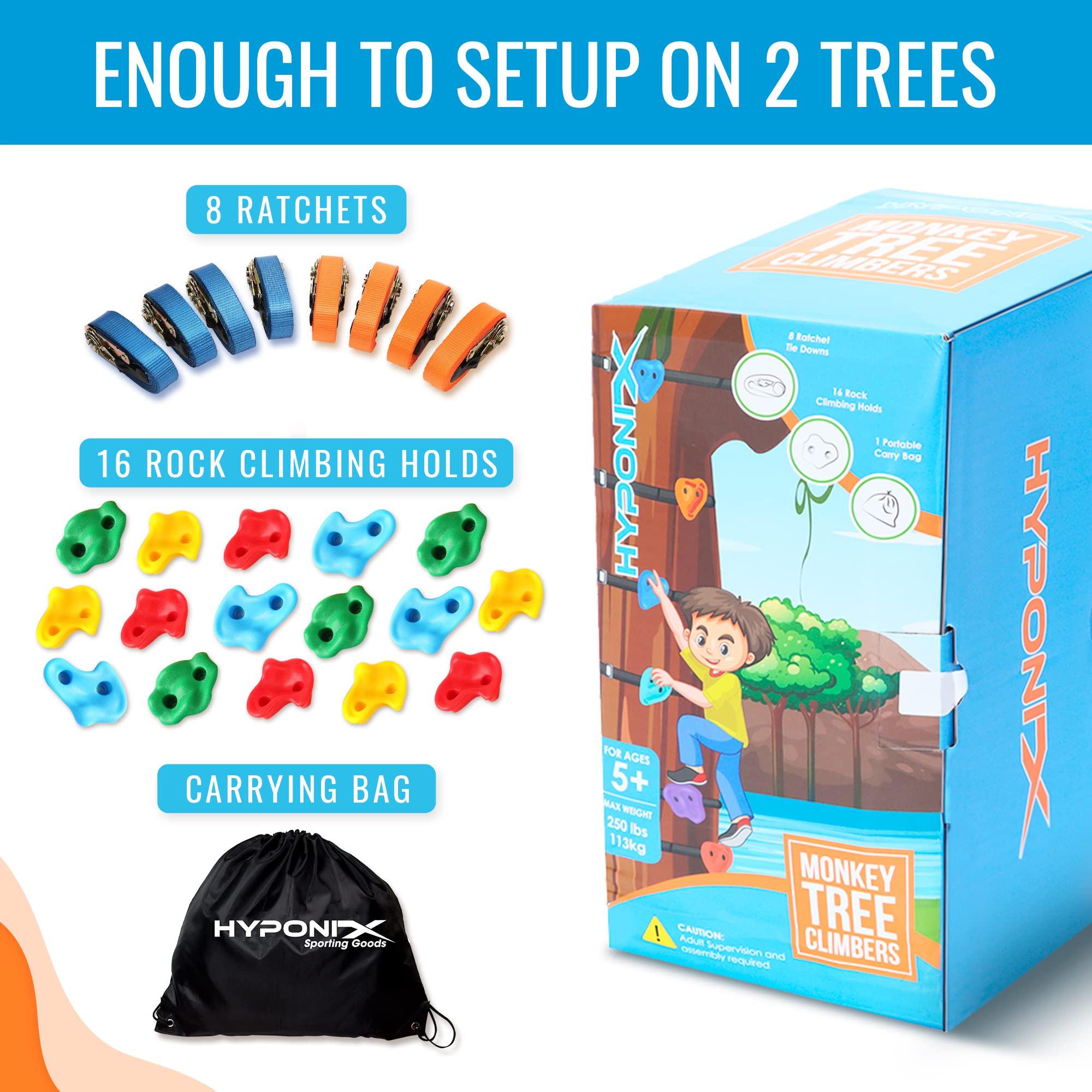 Ninja Tree Climbing Kit β 16 Large Rock Climbing Holds & 8 Ratchets, Quick 10-Minute Setup, Durable, Textured Grips, Safe for Kids 5-12, Supports Up to 250lbs, Portable Carrying Bag, Backyard Fun