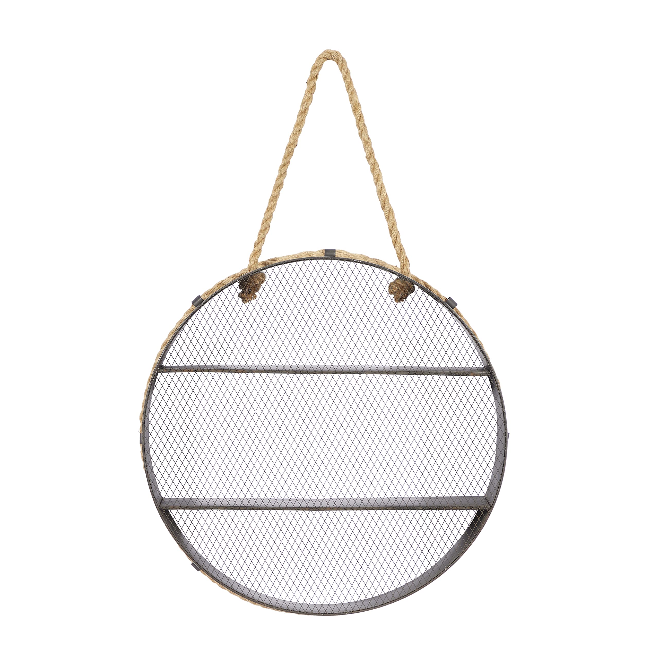 Deco 79 Metal Round 2 Shelves Wall Shelf with Hanging Rope, 24" x 6" x 24", Black