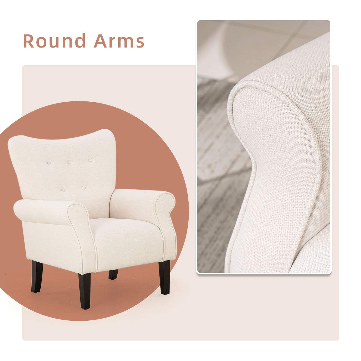 YOLENY Modern Accent Chair,High Back Armchair,Upholstered Fabric Button Single Sofa with Wooden Legs for Living Room,Bedroom,Club,Beige