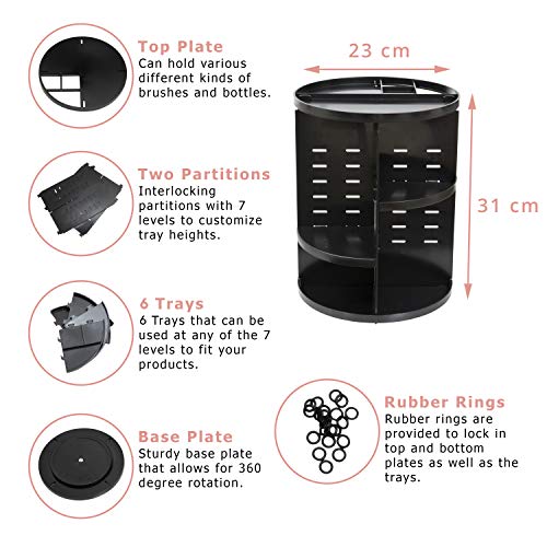 360 Rotating Makeup Organizer, DIY Adjustable Cosmetics Carousel Spinning Holder Storage Rack, Large Capacity, Eliminates Bathroom Countertop Clutter, Black, Luxx Chicc (Black)