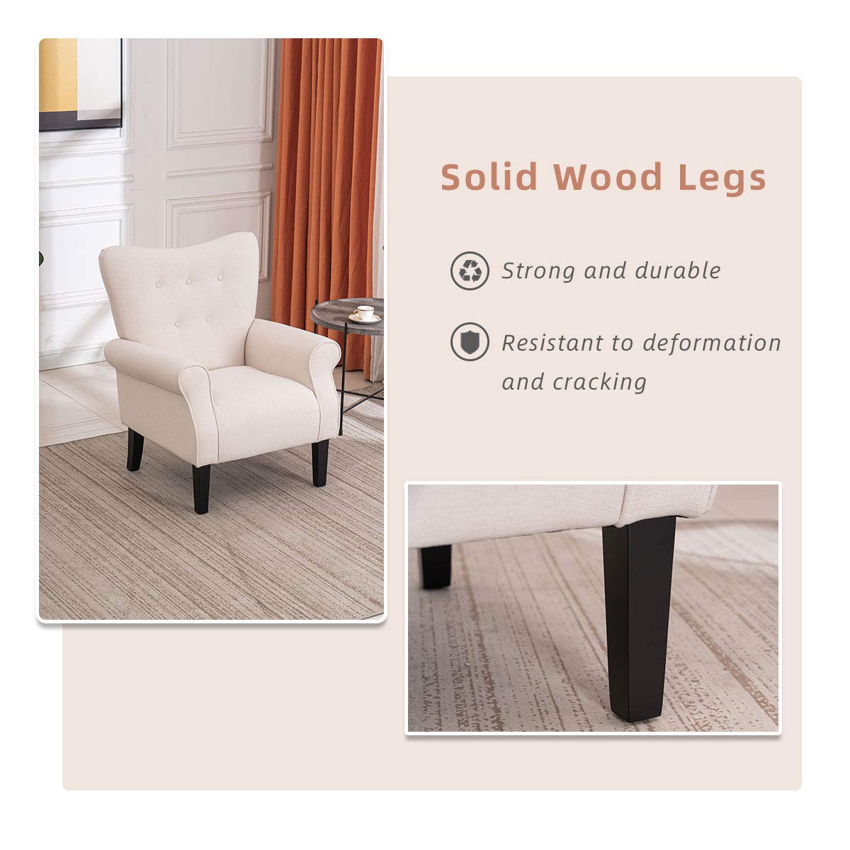 YOLENY Modern Accent Chair,High Back Armchair,Upholstered Fabric Button Single Sofa with Wooden Legs for Living Room,Bedroom,Club,Beige