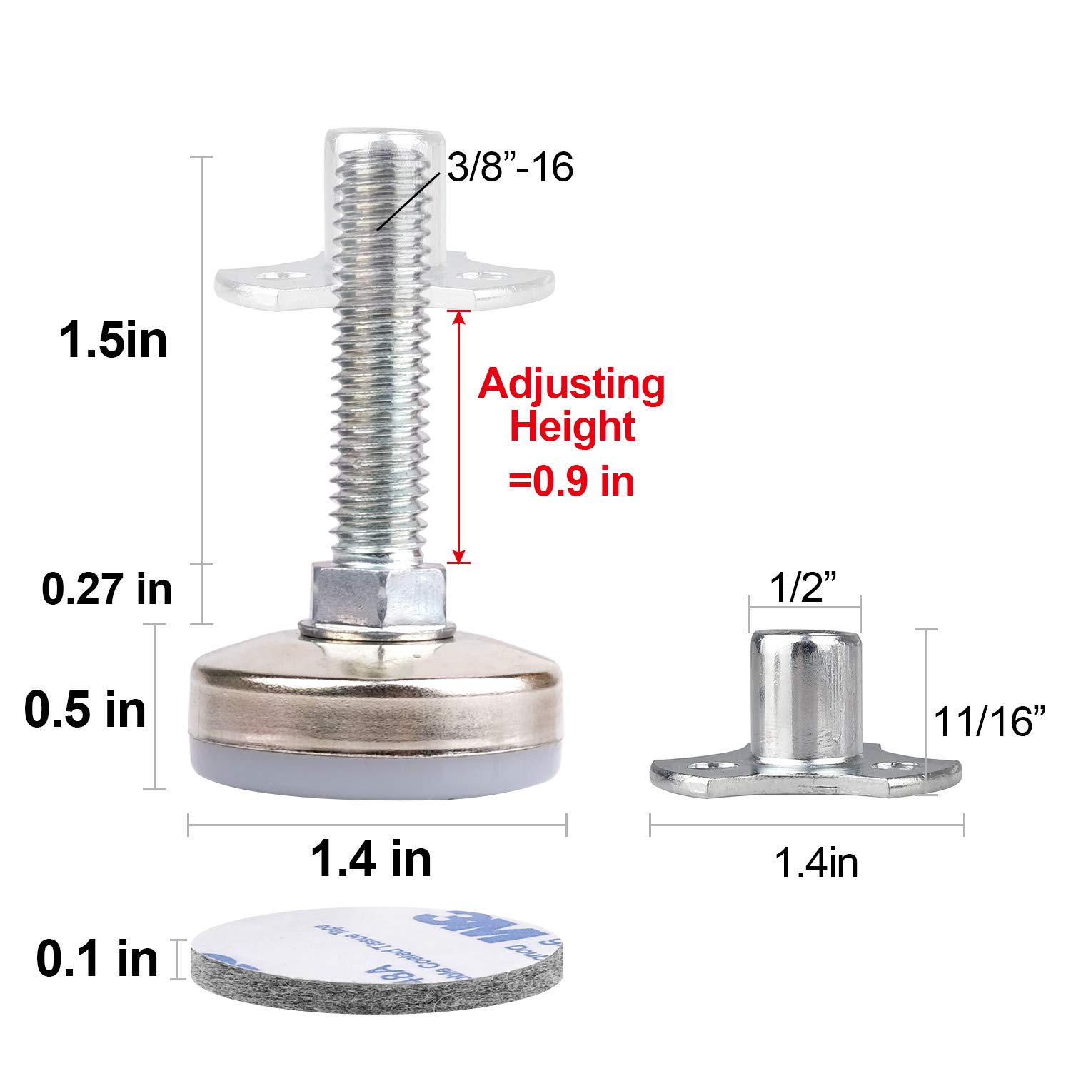 Heavy Duty Furniture Leveling Feet Adjustable Furniture Leg Levelers for Tables Chairs Cabinets Sofa Raiser, Support 1320LBs, T- Nut Kit 3/8β-16 Thread, Large Base,w/ 4 Felt Pads,12 Screws (4 Pack)