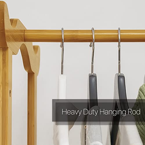 MoNiBloom Bamboo Free Standing Closet Organizer with Drawer, Clothing Rack with 1 Shelf, 1 Hanging Rods, 8 Hooks & Storage Cabient for Bedroom Living Room Office, Natural