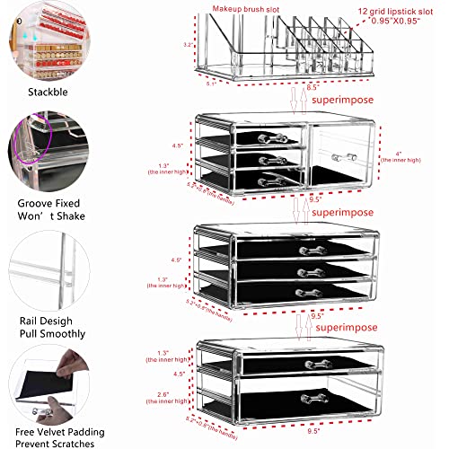 Cq acrylic Makeup Organizer Skin Care Large Clear Cosmetic Display Cases Stackable Storage Box With 9 Drawers For Vanity,Set of 4