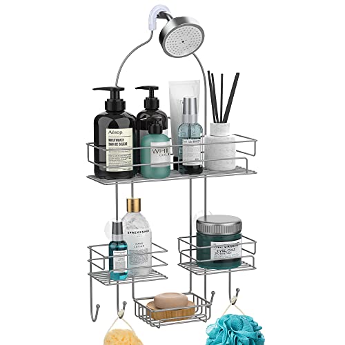 Shower Caddy Organizer, Hanging Shower Head Caddy, Shower Storage Rack, Bathroom Shower Shelf Organizer, Over Head Shower Caddy Rustproof with Hooks for Shampoo, Shower Gel, Soap, Towel, Sponge, Etcā¦