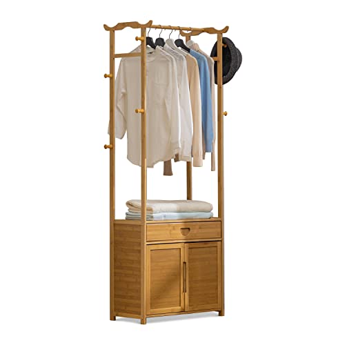 MoNiBloom Bamboo Free Standing Closet Organizer with Drawer, Clothing Rack with 1 Shelf, 1 Hanging Rods, 8 Hooks & Storage Cabient for Bedroom Living Room Office, Natural