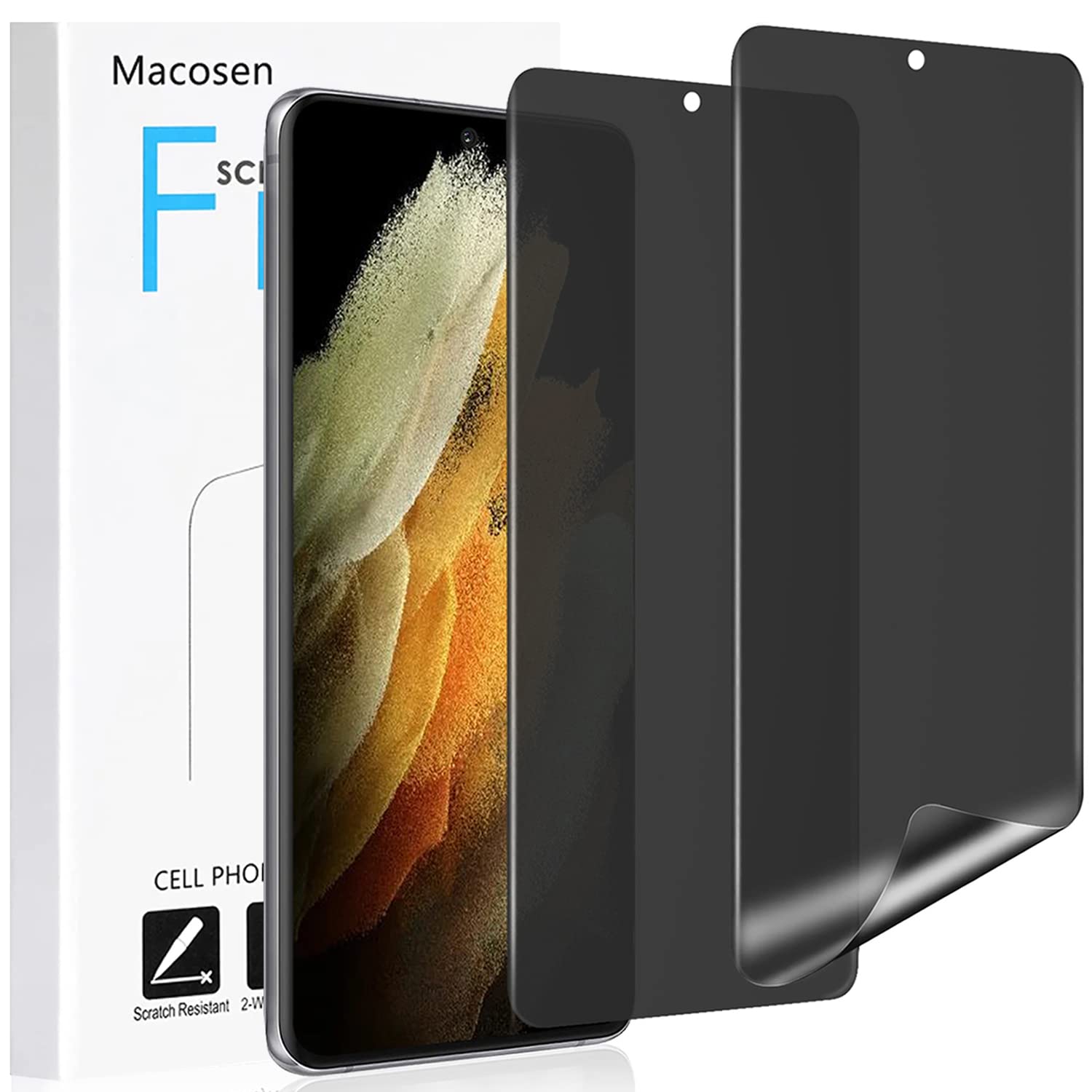 [2 Pack]Galaxy S21 Ultra Privacy Screen Protector Support Fingerprint Sensor Full Adhesive Soft Film,Maxsoco 2-Way Anti Spy Case Friendly Nano Shield[Not Glass](6.8inch),2021 Galaxy S21 Ultra 5G