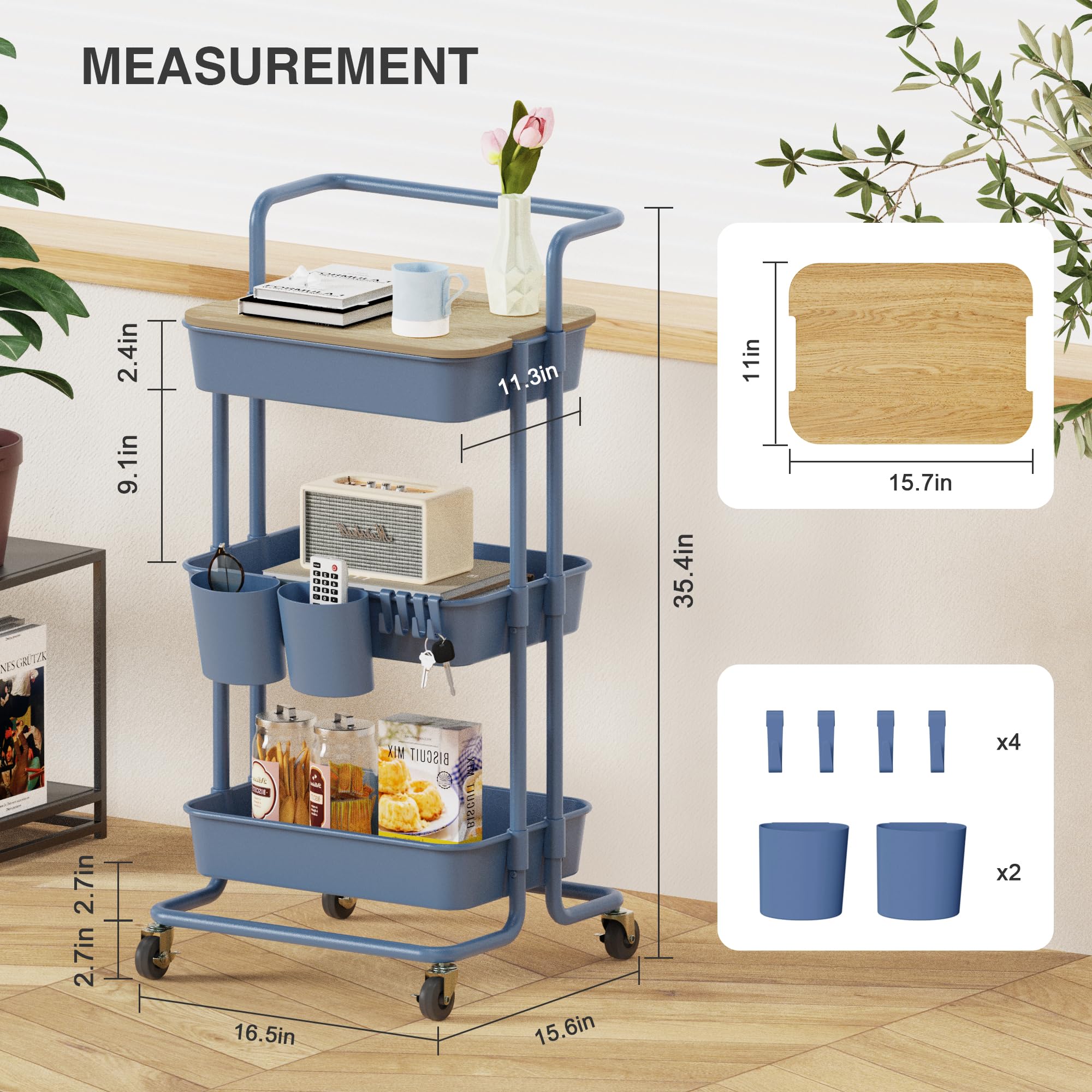 DTK 3 Tier Utility Cart with Cover Board, Rolling Cart with Lockable Wheels, Cups, Hooks for Home Office, Art Craft Storage, Home School Organization and More Uses(Blue)