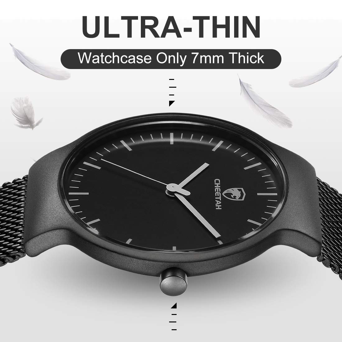 GOLDEN HOUR Men’s Watches Fashion Minimalist Thin 38mm Quartz Analog Waterproof Watch with Black Stainless Steel Mesh Band Gray Hands