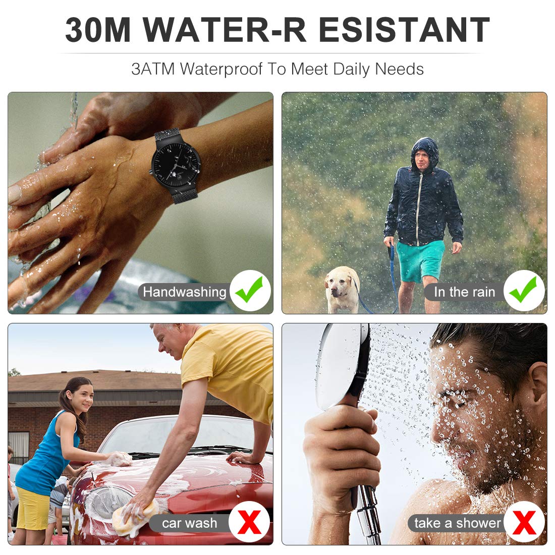 GOLDEN HOUR Men’s Watches Fashion Minimalist Thin 38mm Quartz Analog Waterproof Watch with Black Stainless Steel Mesh Band Gray Hands
