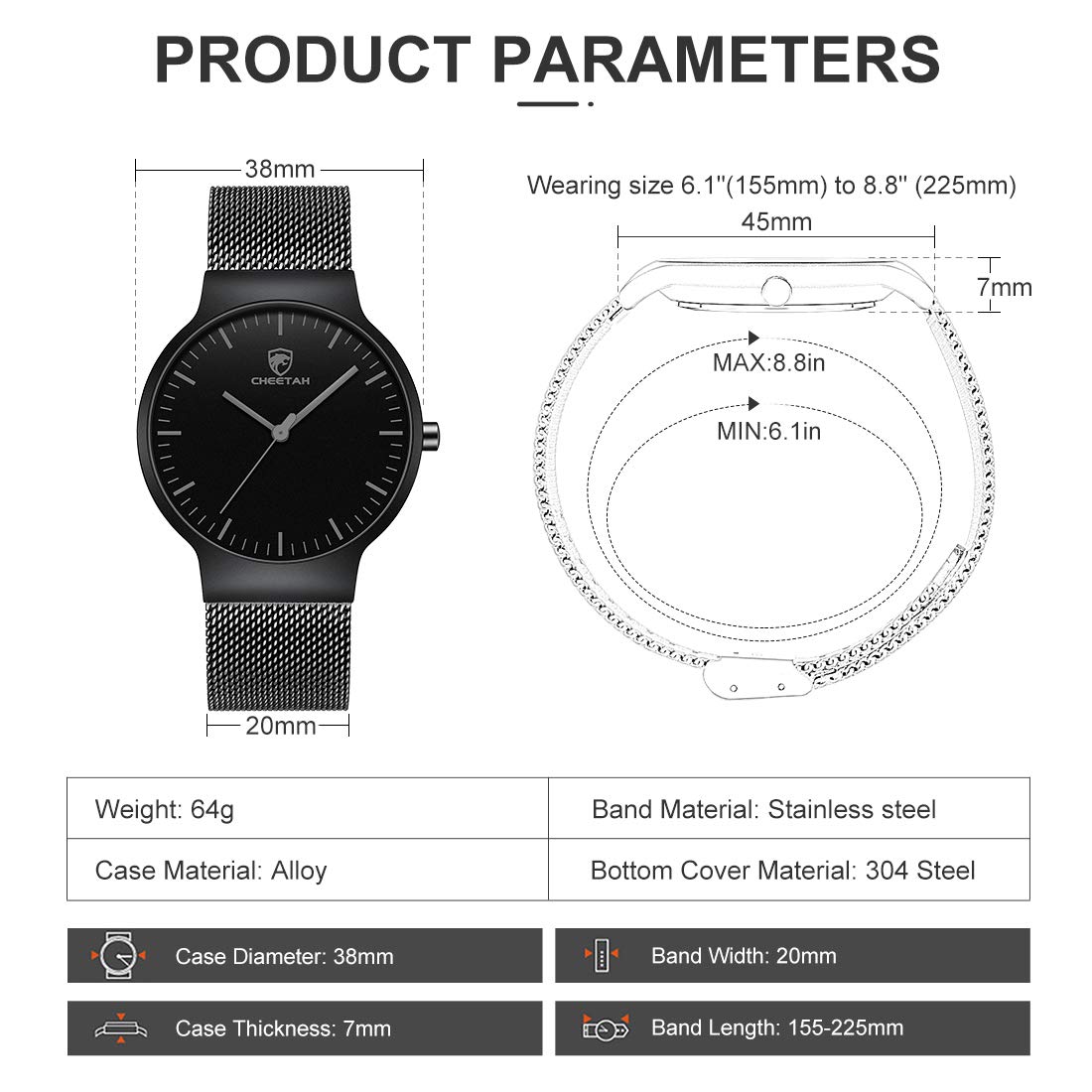 GOLDEN HOUR Men’s Watches Fashion Minimalist Thin 38mm Quartz Analog Waterproof Watch with Black Stainless Steel Mesh Band Gray Hands